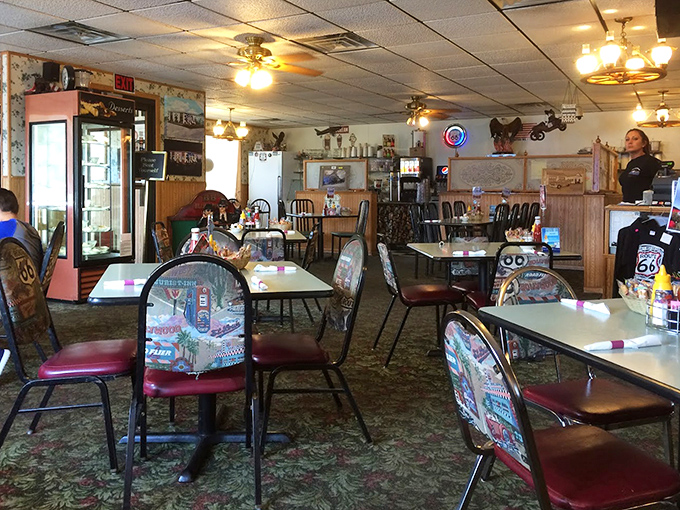 Where nostalgia meets nourishment—burgundy vinyl seats and Route 66 memorabilia create the perfect backdrop for conversations that flow as freely as the coffee.