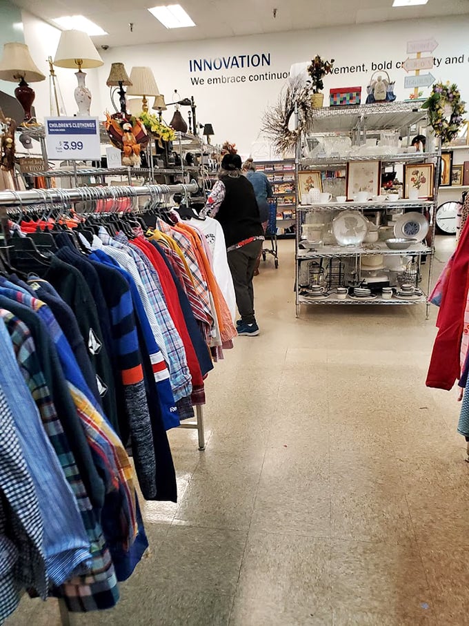 Organized chaos at its finest. The clothing section offers a rainbow of possibilities where fashion dreams and budget realities happily coexist.