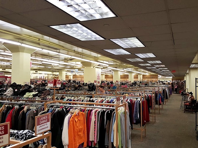 Endless racks stretch toward the horizon like a textile sea, where patient shoppers navigate currents of cotton, silk, and denim.