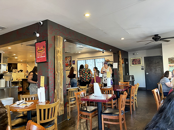 Inside, wooden tables and simple d&eacute;cor let the food take center stage&mdash;this is a place of gathering, not Instagram-baiting design trends.