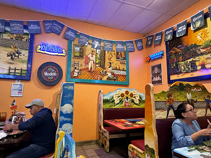 Vibrant murals and colorful booths transform a simple dining room into a feast for the eyes before your taste buds get their turn.