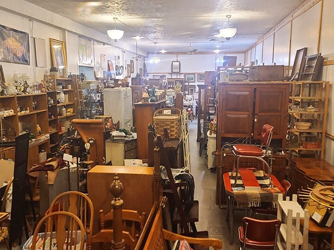 Step inside and enter a time traveler's paradise. Wooden furniture, vintage collectibles, and memories from every decade create narrow pathways of possibility.