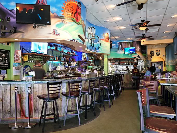 Where nautical meets whimsical. The bar area's vibrant murals and weathered wood create the perfect backdrop for seafood storytelling and cold drinks.