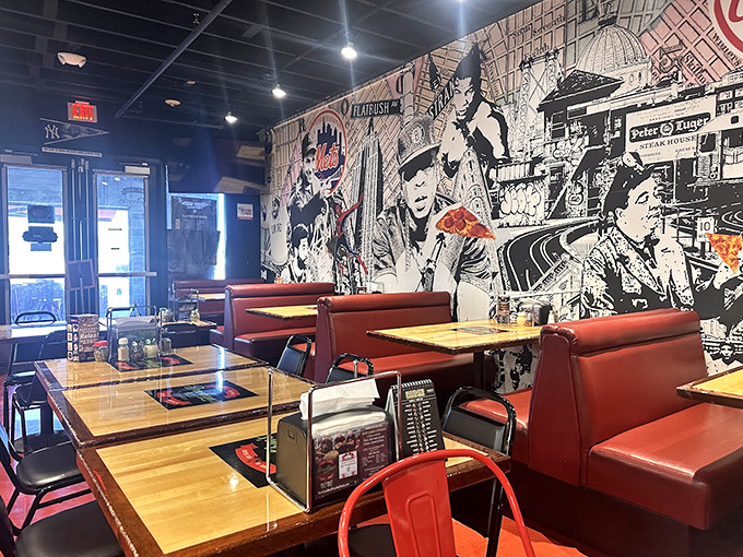 The interior mural pays homage to New York with iconic imagery that transports you straight to the Big Apple with every bite.