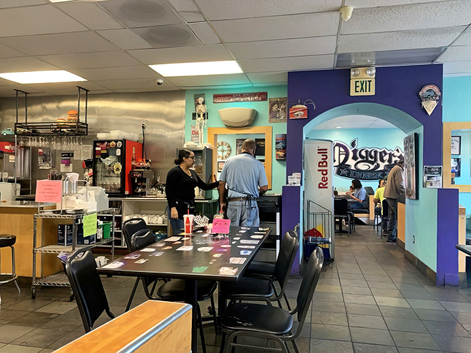 Step inside and the teal-purple color scheme hits you like a happy time warp. This isn't manufactured nostalgia&mdash;it's the real diner deal.