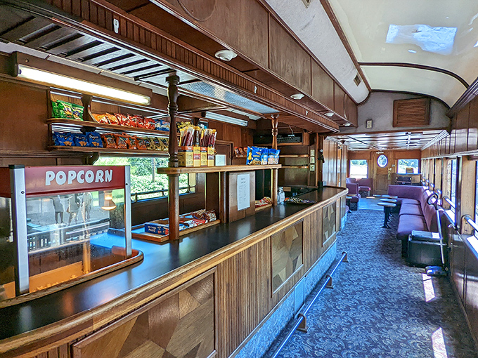 All aboard the snack car! This wood-paneled concession area isn't just serving popcorn&mdash;it's serving nostalgia with a side of adventure.