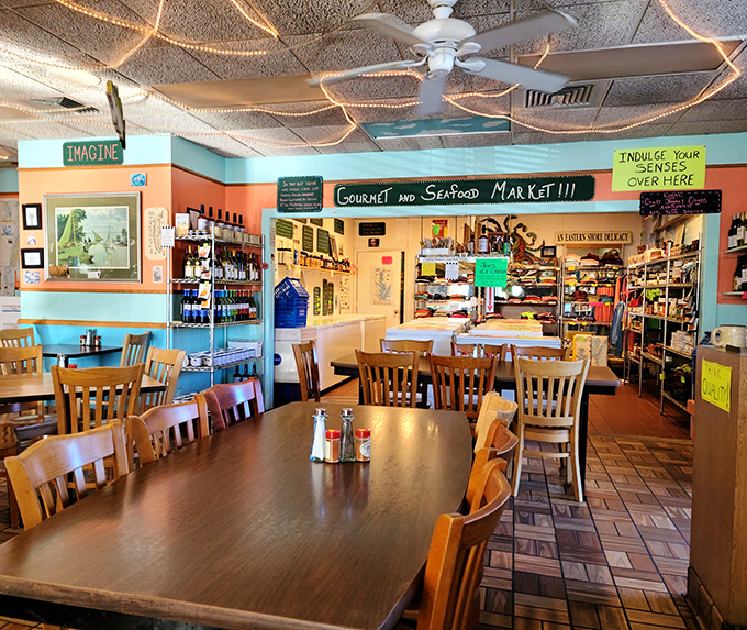 Inside, the casual dining area meets seafood market in a delightful coastal mashup. Those string lights aren't just decoration&mdash;they're guiding stars to culinary bliss.