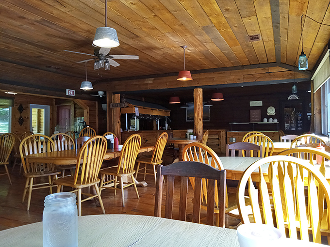 Wooden chairs, wooden tables, wooden ceiling &ndash; it's like eating inside a Lincoln Log creation, except with better food and fewer childhood regrets.