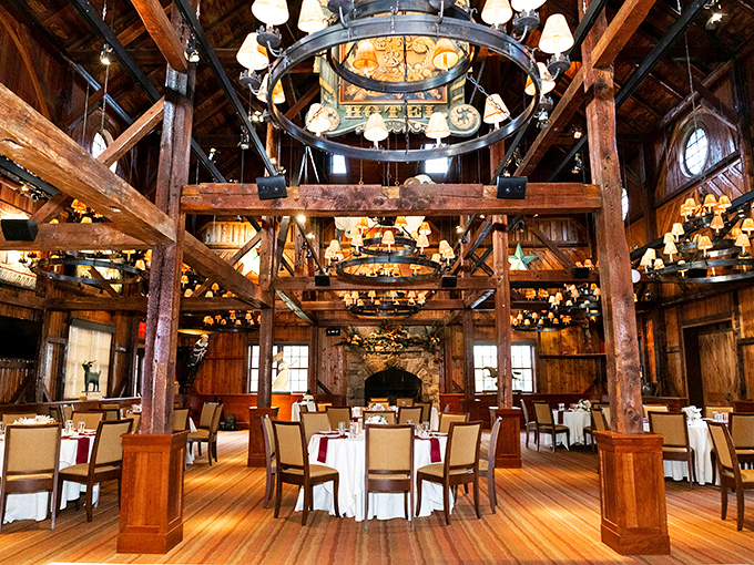 Timber-framed majesty that whispers "special occasion" while the warm lighting promises you can still be yourself here.