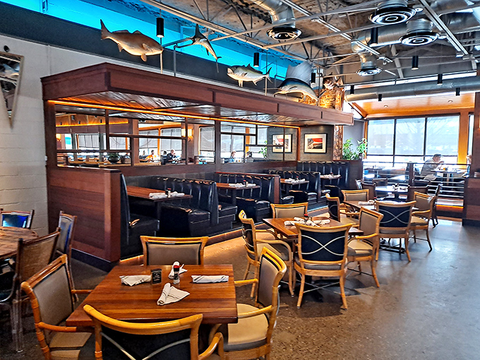 Fish suspended from the ceiling "swim" above diners, creating the perfect nautical atmosphere for enjoying treasures from the sea in comfortable surroundings.