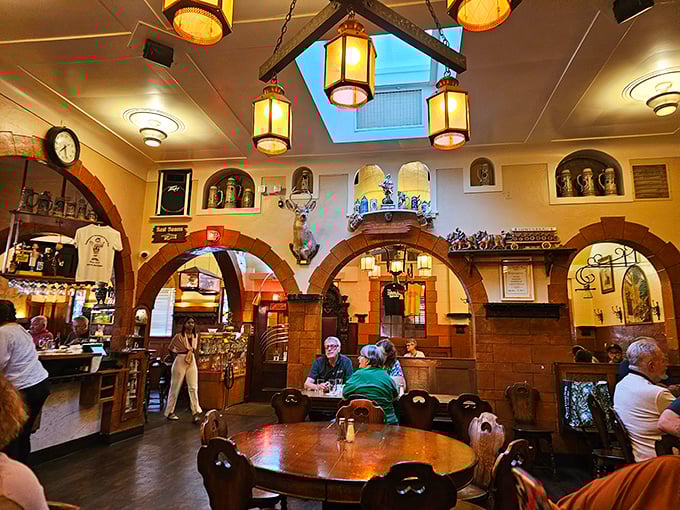 Step inside and suddenly you're not in Detroit anymore! Wooden arches, amber lighting, and authentic d&eacute;cor transport you straight to a traditional German beer hall.