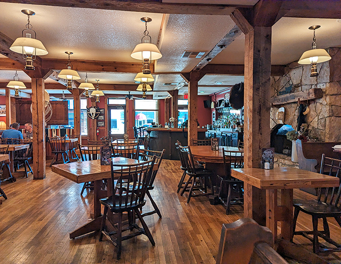 Exposed beams, warm wood floors, and vintage lighting create an atmosphere where history doesn't just hang on the walls&mdash;it's built into them.