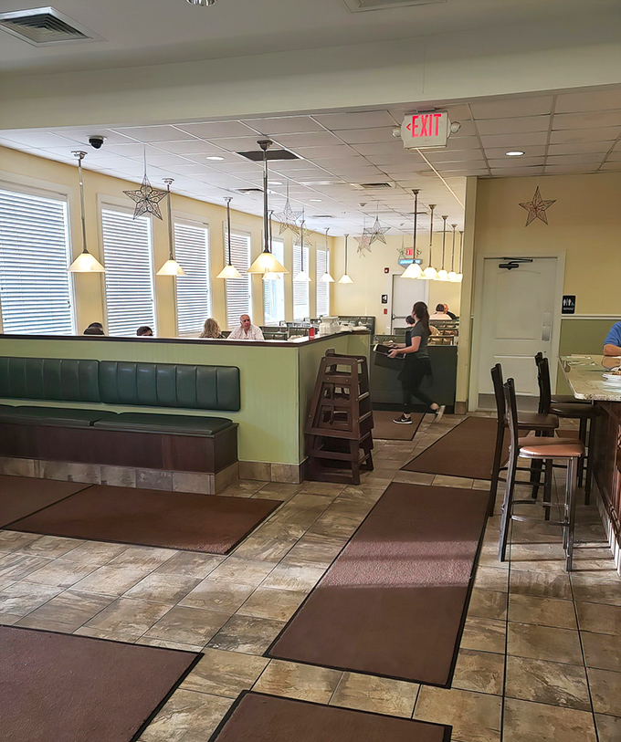 Classic diner ambiance with pendant lighting and star decorations &ndash; comfort food's natural habitat in northeastern Pennsylvania.