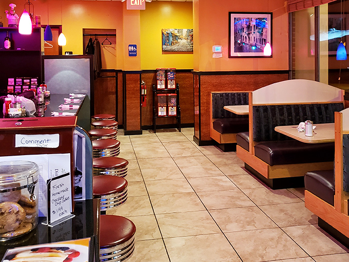 Cozy booths and warm colors create that perfect "everybody knows your name" vibe &ndash; minus Norm and Cliff, but with better breakfast options.