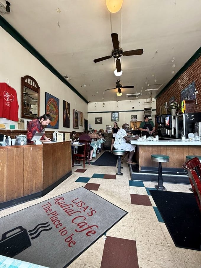 Simple tables with ocean-themed surfaces set the unpretentious stage where seafood takes the starring role in this Florida institution.
