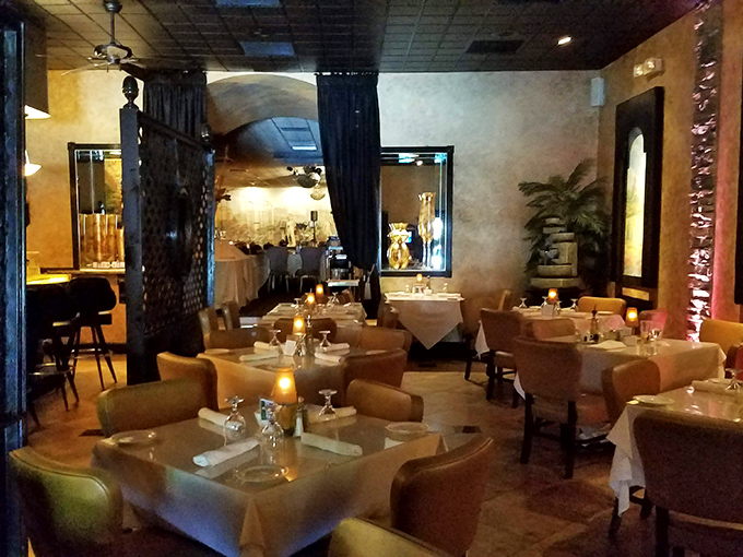 Warm amber lighting transforms this dining room into a scene from a Scorsese film&mdash;minus the drama, plus all the pasta.