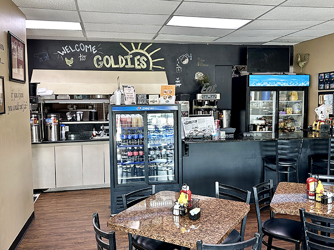 That chalkboard welcome isn't just decoration&mdash;it's your first hint that Goldie's prioritizes homestyle warmth over corporate restaurant sterility.