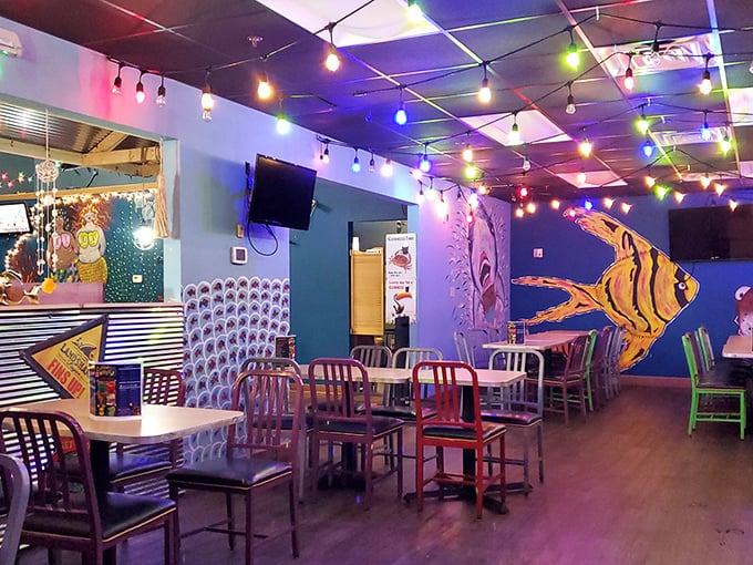 Step inside to a riot of color and festive string lights that feels like dining in a joyful underwater wonderland.