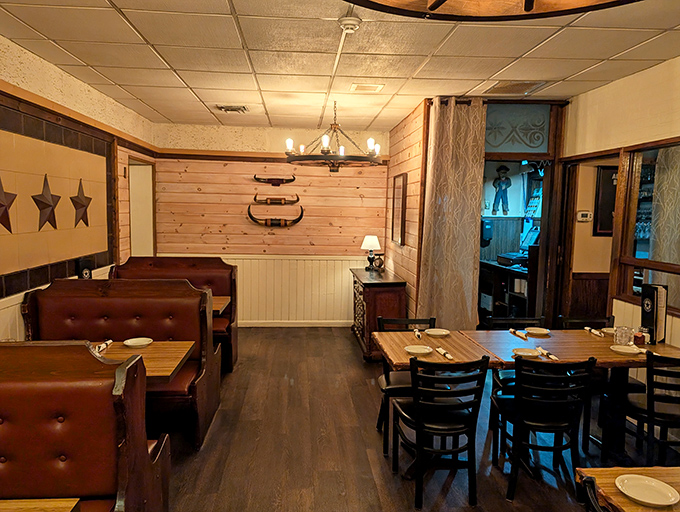 Step inside to discover warm wooden walls, comfortable leather booths, and tasteful cowboy decor that strikes the perfect balance between theme and taste.