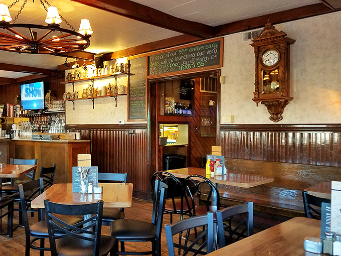 Step inside and time slows down &ndash; wooden wainscoting, vintage fixtures, and that magnificent antique clock all whispering, "Stay awhile, the burgers are worth it."