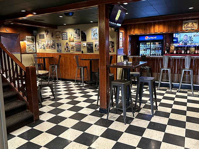 The checkered floor and warm wood paneling of the bar area create that perfect blend of nostalgia and comfort&mdash;like a hug from your favorite aunt.
