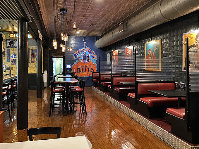Where blues meets brews – the warm wooden interior with its vintage tin ceiling creates the perfect backdrop for soulful dining and toe-tapping tunes.
