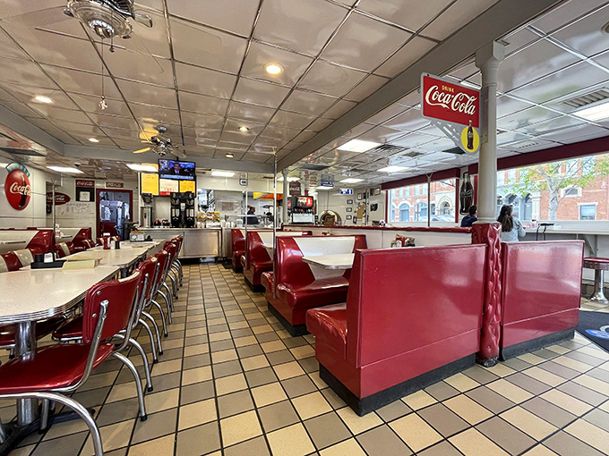 Classic red vinyl booths and chrome accents &ndash; this isn't retro by design, it's authentic by survival. The diner's interior hasn't needed trends to stay relevant.