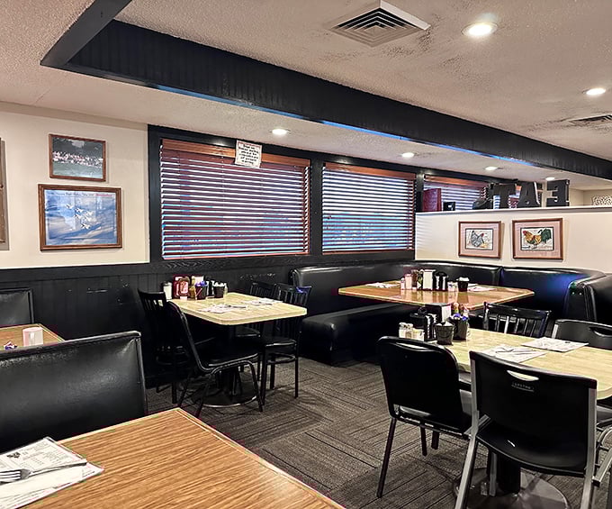 Classic diner ambiance that whispers, "Put down your phone and pick up that fork." Comfort never needed fancy lighting anyway.