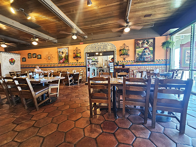 Step inside and the transformation is immediate &ndash; warm terracotta walls, wooden ceiling beams, and hexagonal tiles transport you straight to Mexico.