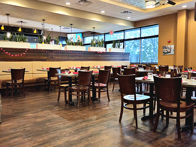 Warm wood tones, comfortable seating, and string lights create that "Mamma mia, I've found my happy place" atmosphere we all crave.