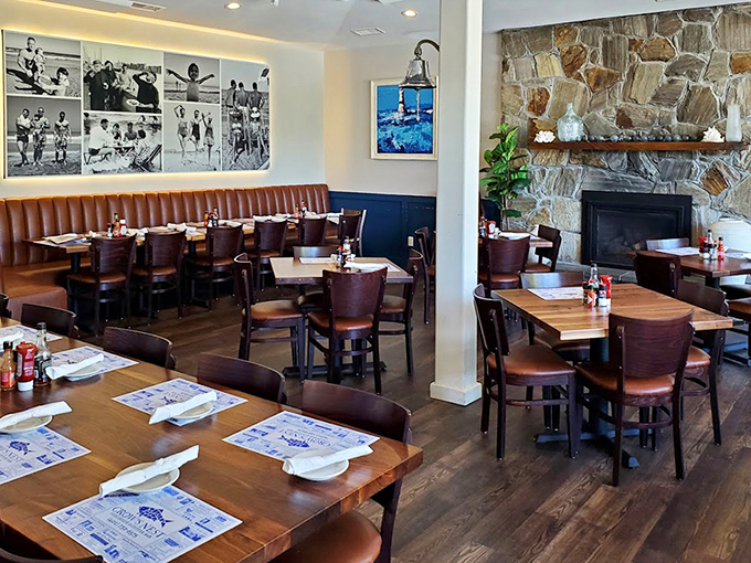 Step inside to a dining room where nautical meets comfortable. Those vintage beach photos on the wall? They're telling you to relax and stay awhile.