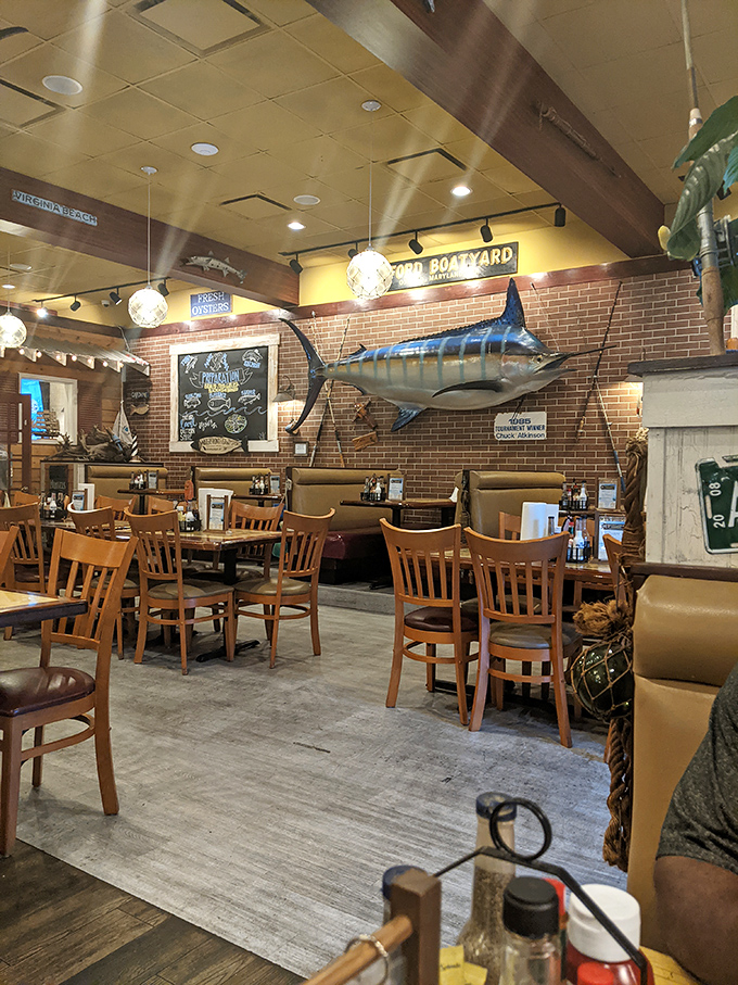 Nautical nirvana awaits inside with that impressive marlin watching over diners. The brick walls and wooden tables create the perfect backdrop for seafood adventures. 