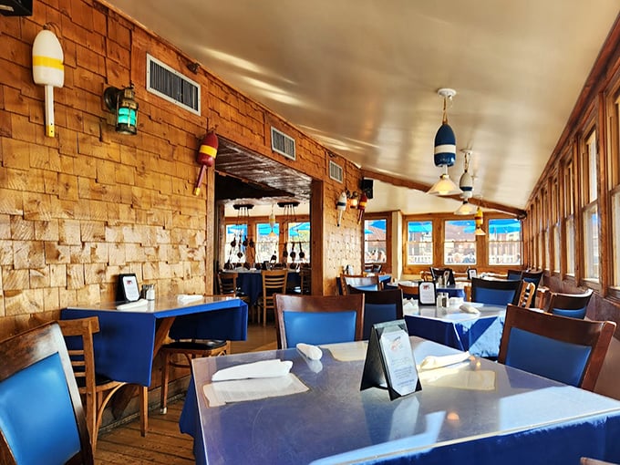 Warm wooden walls and blue-backed chairs create that perfect "I've discovered something special" feeling that makes you want to settle in for hours.