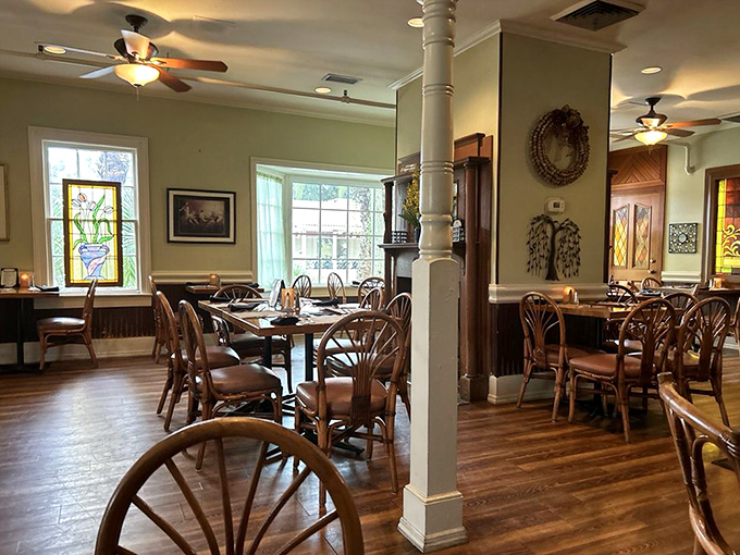 Step inside and you're instantly transported to a simpler time, with vintage wallpaper and Andy Griffith memorabilia creating the perfect small-town atmosphere.