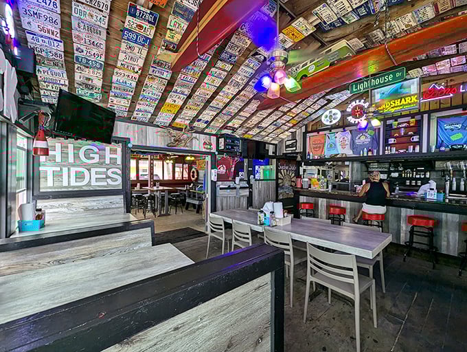 License plate heaven! The ceiling collection at High Tides tells the story of road-trippers who found paradise and left a piece of home behind.