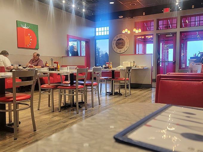 Inside, the tomato artwork and vintage clock create that perfect diner atmosphere&mdash;where calories don't count and coffee refills are infinite.