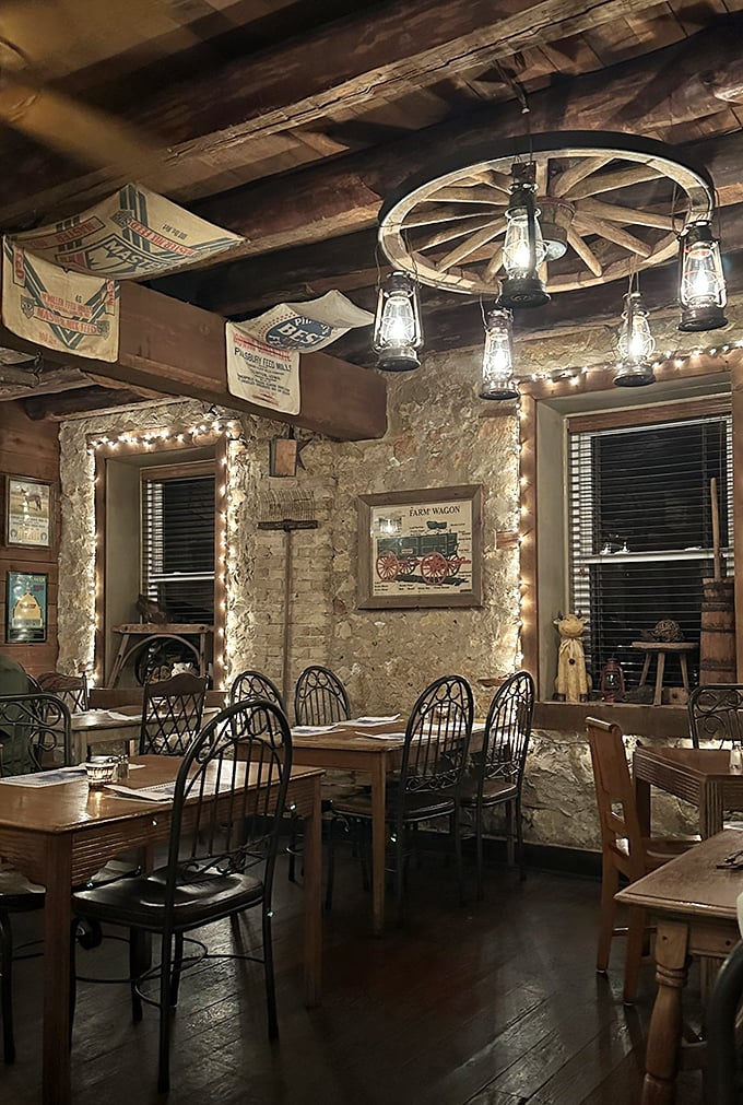 Wagon wheel chandeliers and stone walls that could tell a century of stories &ndash; this isn't designer "rustic," it's the authentic Wisconsin farmhouse experience.