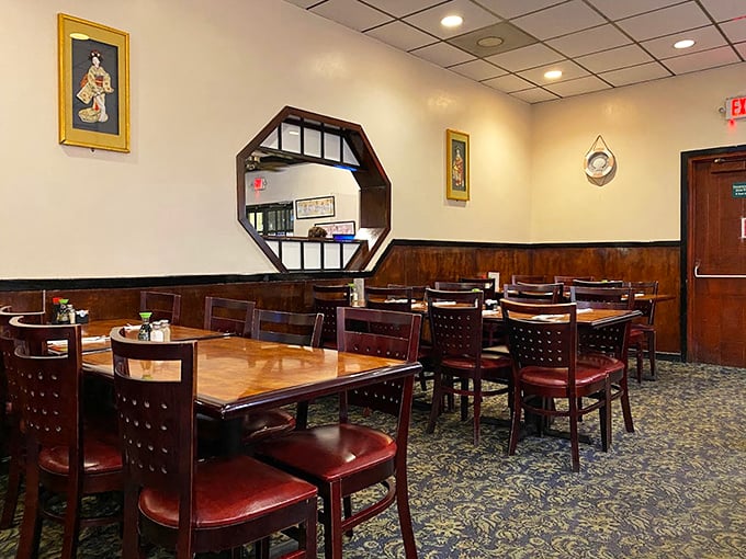 Traditional Japanese design elements meet practical dining comfort. Those octagonal windows aren't just for show&mdash;they're portals to your next food fantasy.