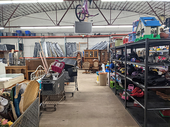 Furniture, bikes, and household items create a maze of possibility. Every aisle promises that perfect something you didn't know you needed.