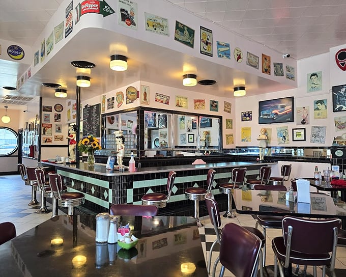 Classic diner counter seating where the chrome gleams, the stools spin, and your strawberry shortcake dreams come true.