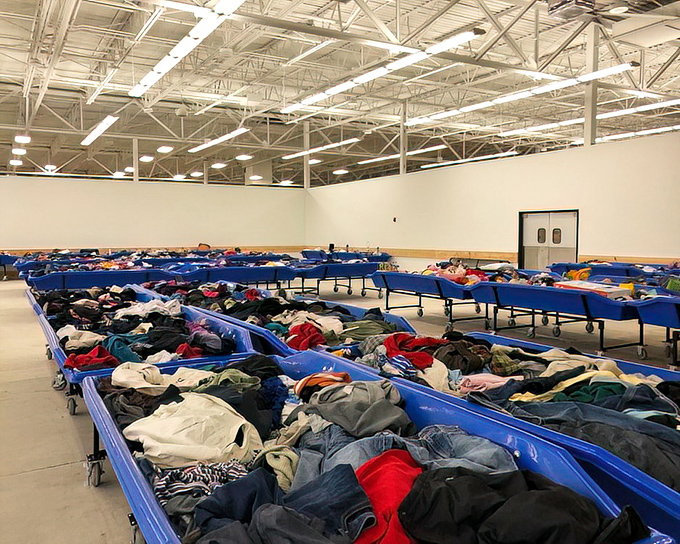 Blue bins as far as the eye can see! This behind-the-scenes sorting area is where donations begin their journey to becoming someone else's treasure.