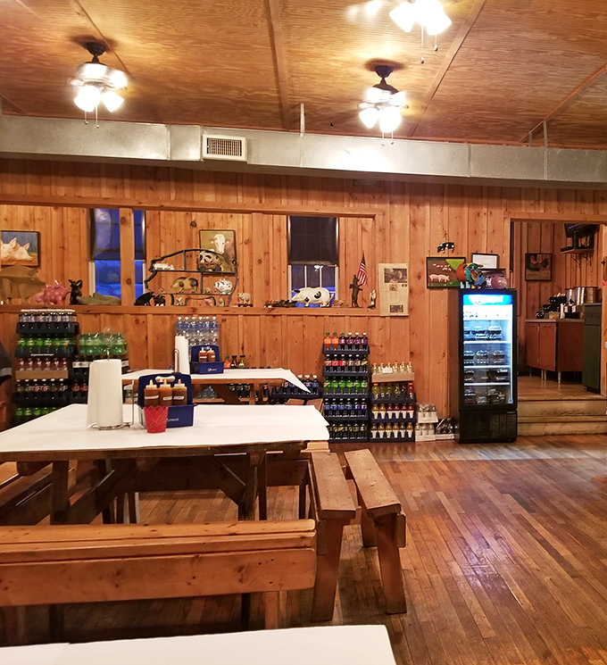 Rustic wooden tables and benches say, "Sit a spell and forget your table manners." This is a place for serious eating, not fancy dining.