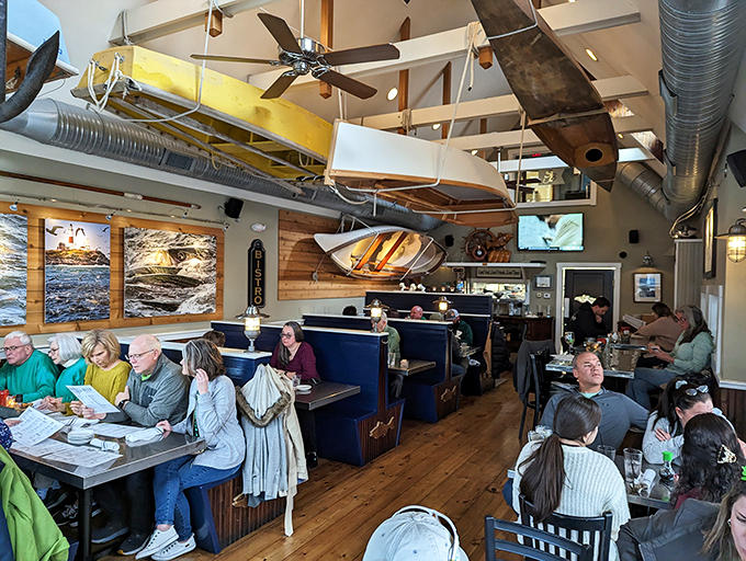 Boats suspended from the ceiling? That's how you know they're serious about seafood. The nautical-themed interior buzzes with happy diners.