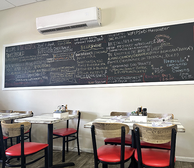 The chalkboard menu at The Rooster isn't just informative&mdash;it's a culinary treasure map where X marks the spot for breakfast bliss.