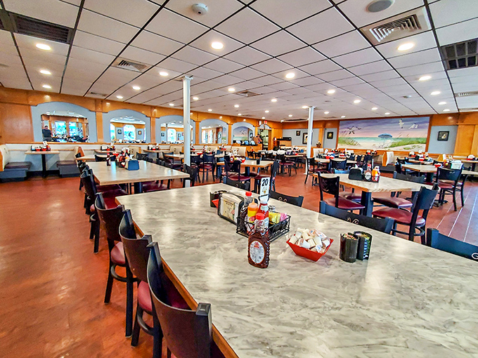 Spacious, warm, and inviting&mdash;the dining room at Golden Egg feels like breakfast's natural habitat. Those marble-topped tables have witnessed countless morning revelations over coffee.