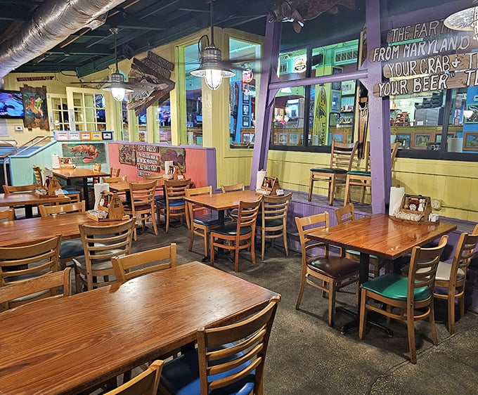 The colorful interior feels like the galley of a well-loved fishing boat that somehow learned to make perfect cocktails and incredible seafood.