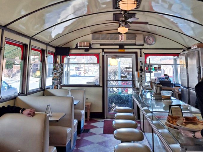 Step inside and you're transported to the golden age of diners&mdash;curved ceiling, checkerboard floor, and those swivel counter stools that practically whisper "sit here, stay awhile."