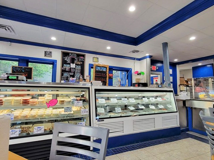 Inside, the blue and white color scheme whispers "coastal getaway" while the pristine display cases promise oceanic treasures that would make Poseidon himself jealous.