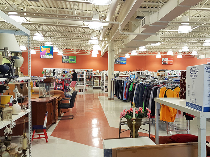 Inside, the spacious, well-organized interior feels more like a department store than a thrift shop, with clear sightlines and colorful walls guiding your treasure hunt.