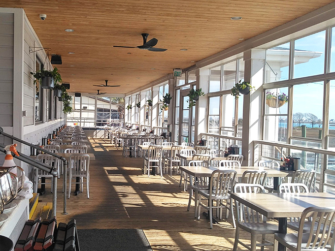 Sunlight floods the airy dining room, where wooden ceilings and panoramic windows create the perfect backdrop for seafood feasts with a view.